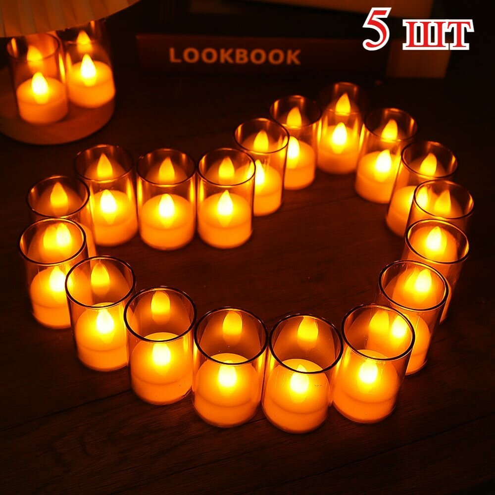 Светодиодная электронная свеча, акриловая чаша, 5 шт.