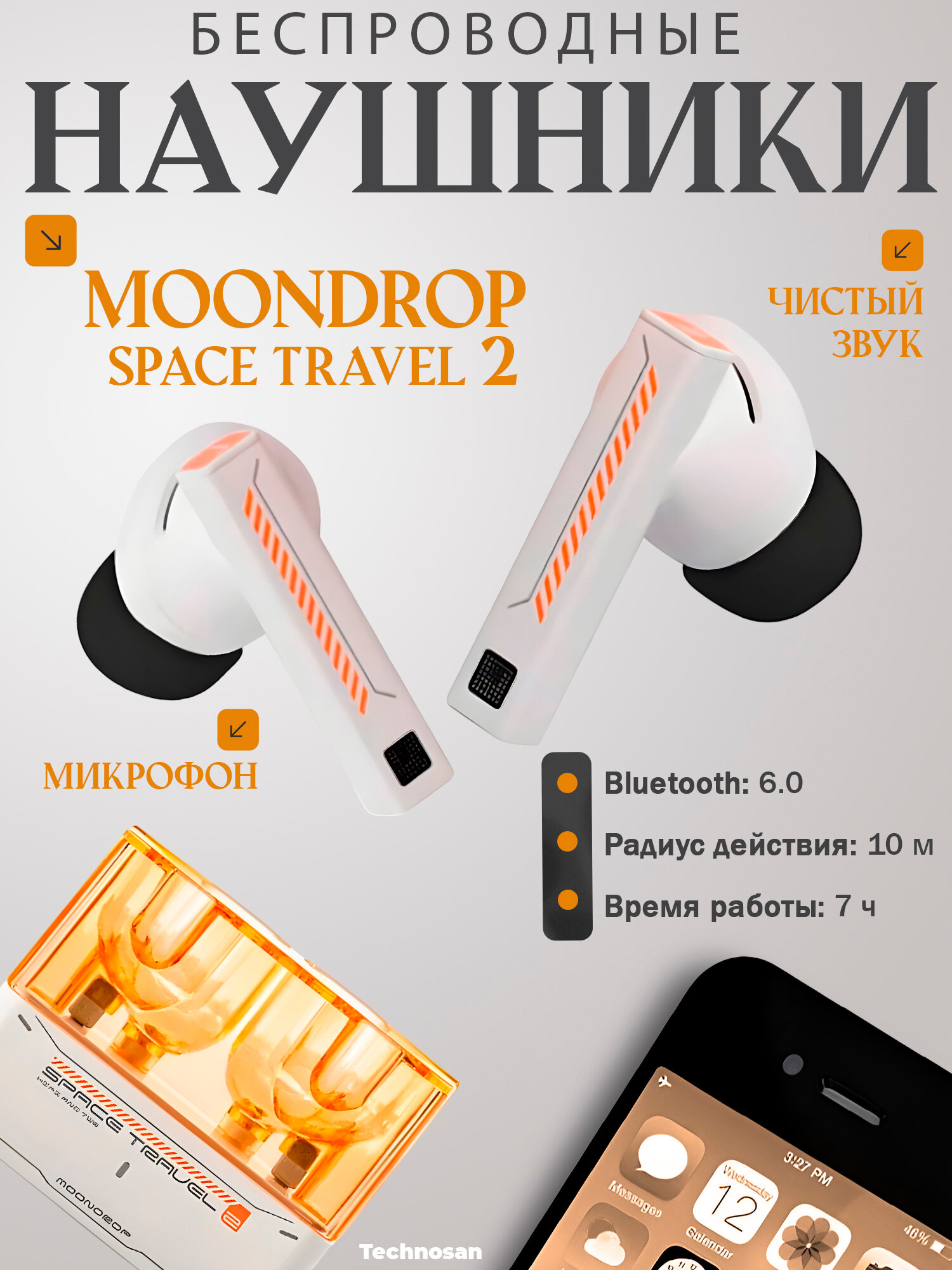Наушники Moondrop Space Travel 2, шумоподавление, Bluetooth, белый