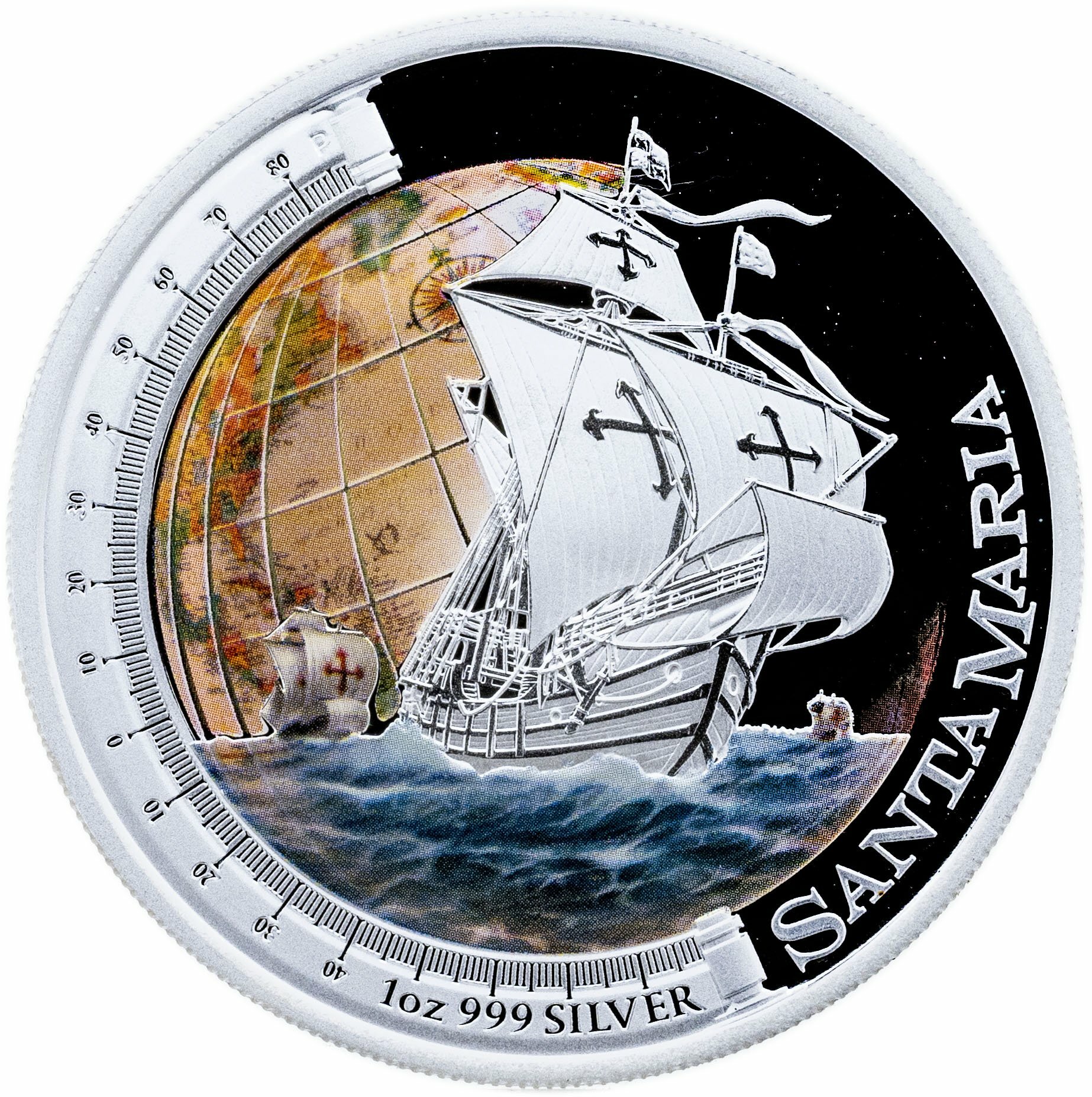 Тувалу 1 доллар 2011 "Парусник Санта Мария", в футляре с сертификатом, Серебро 999, в сохранности Proof