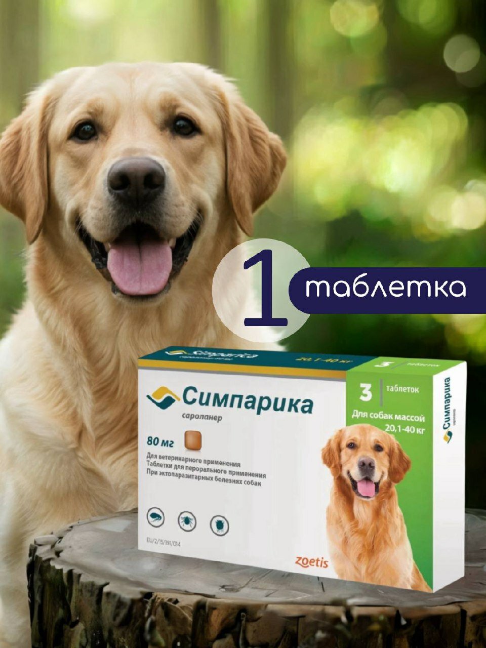 Таблетки для собак Симпарика, 80 мг, для собак 20-40кг, 1 таблетка в упаковке