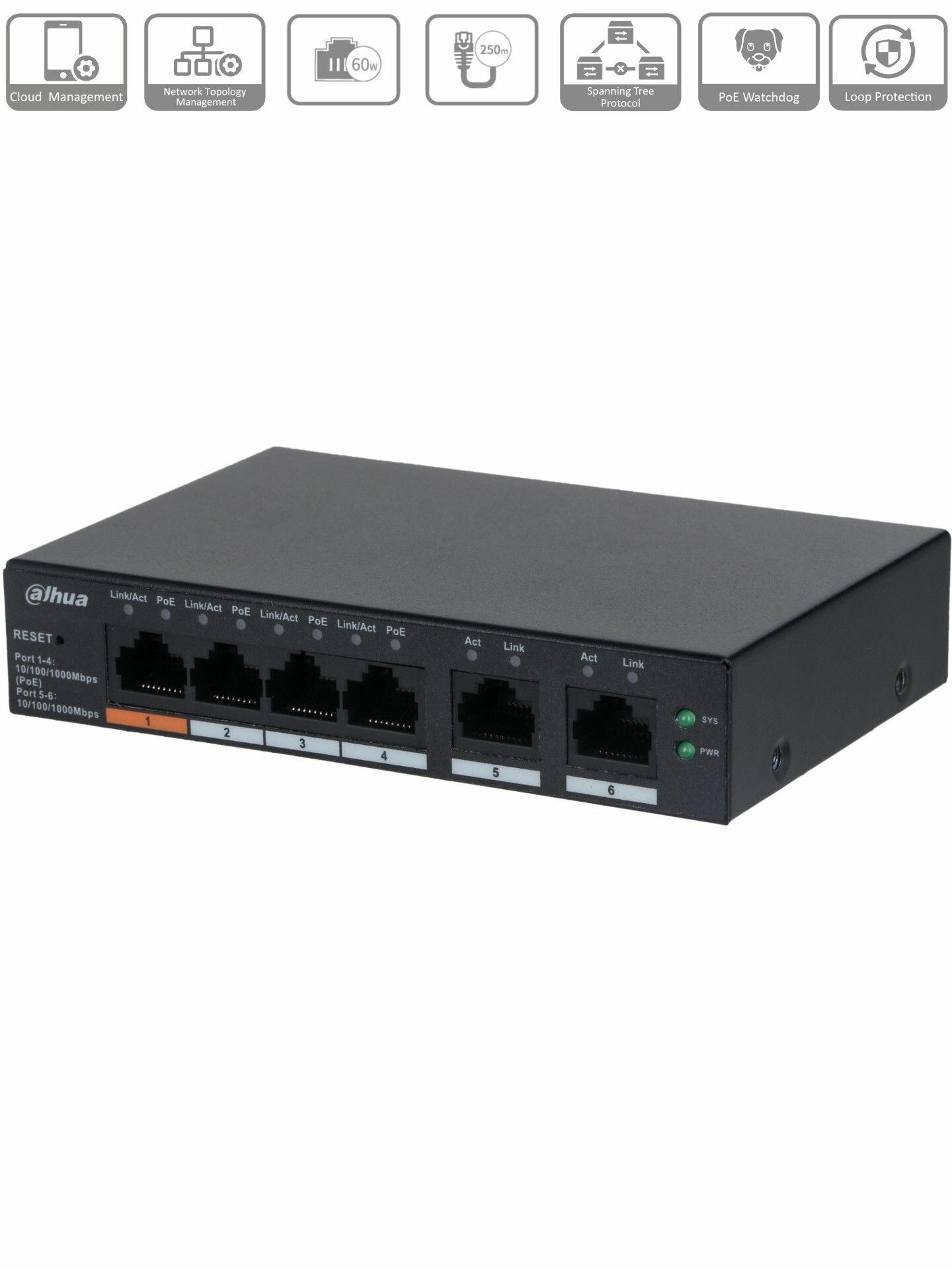Dahua DH-CS4006-4GT-60 6-портовый управляемый коммутатор с 4 РоЕ до 60Вт