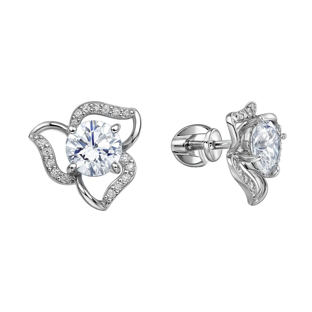 Серьги пусеты, серебро, 925 проба, родирование, фианит