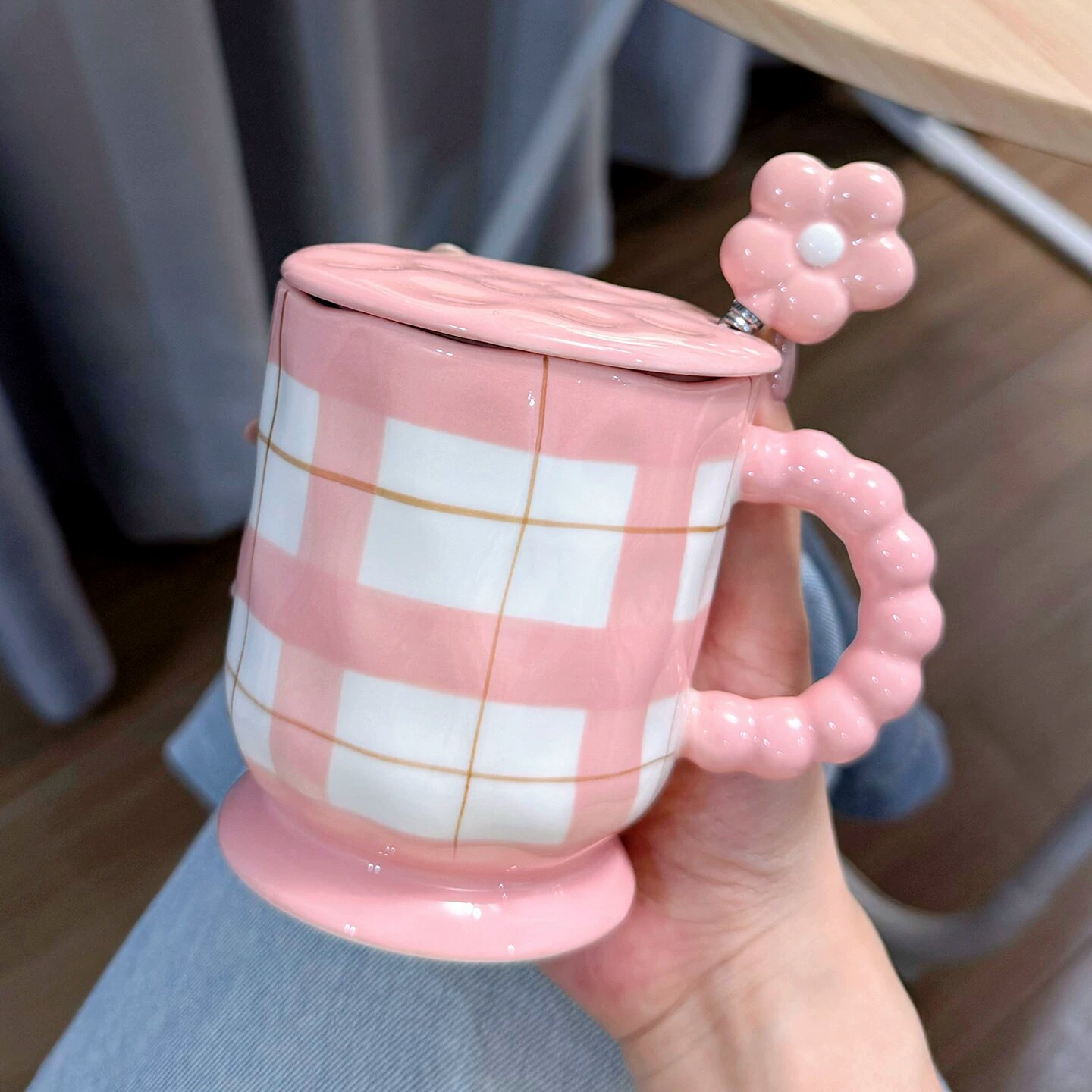 Фиолетовая кружка в клетку с крышкой и ложкой, керамическая чашка, парные чашки для воды, подарок на день рождения для