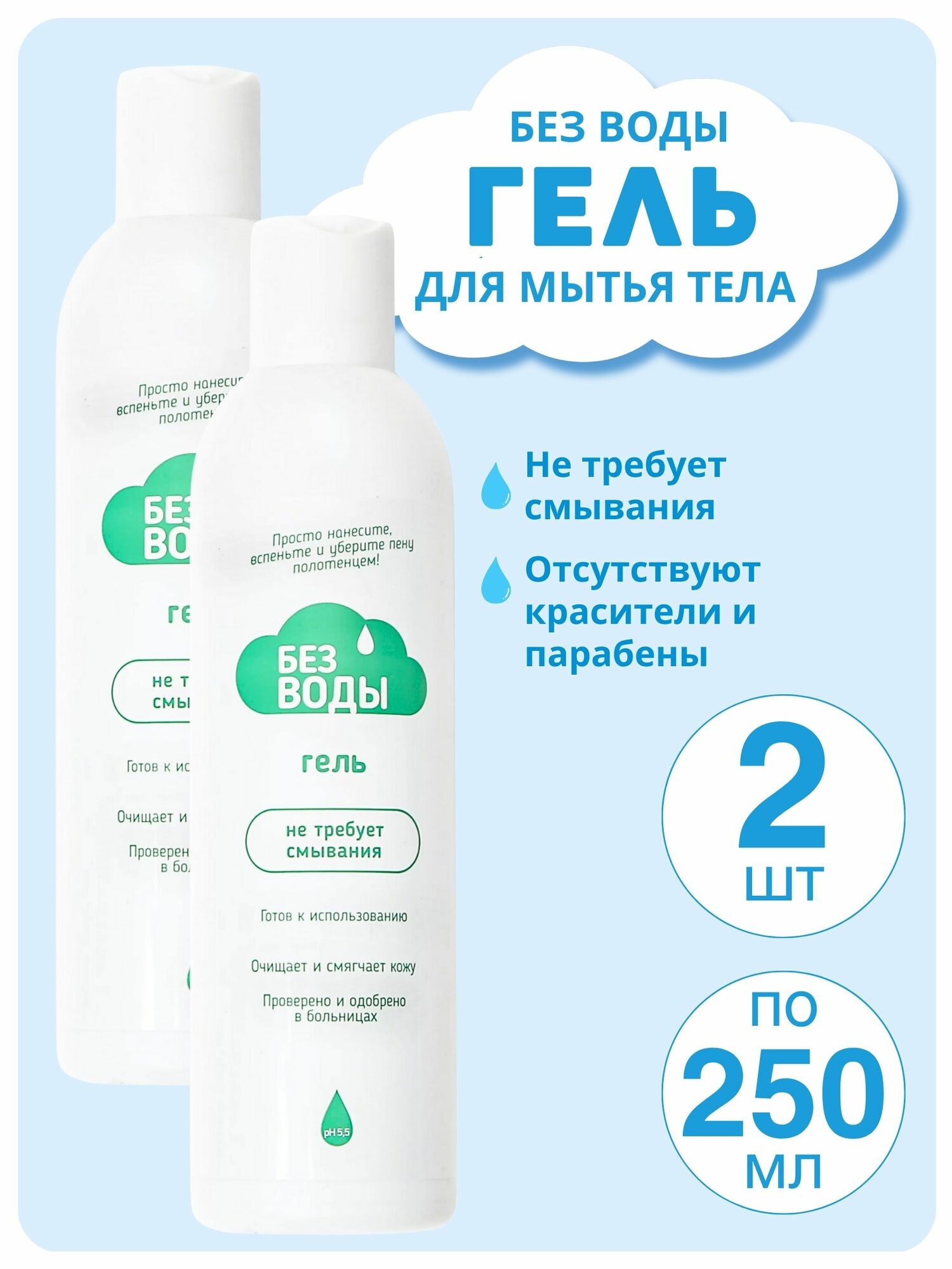 2 штуки Гель для мытья тела "Без Воды", без необходимости смывания, 250мл, НФ-00000096-2