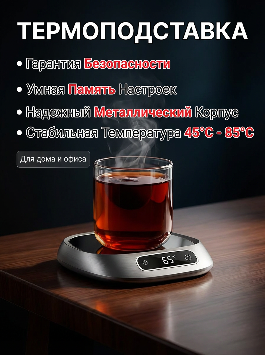 Термоподставка, для подогрева, с напоминанием о питье воды, 13x12 см