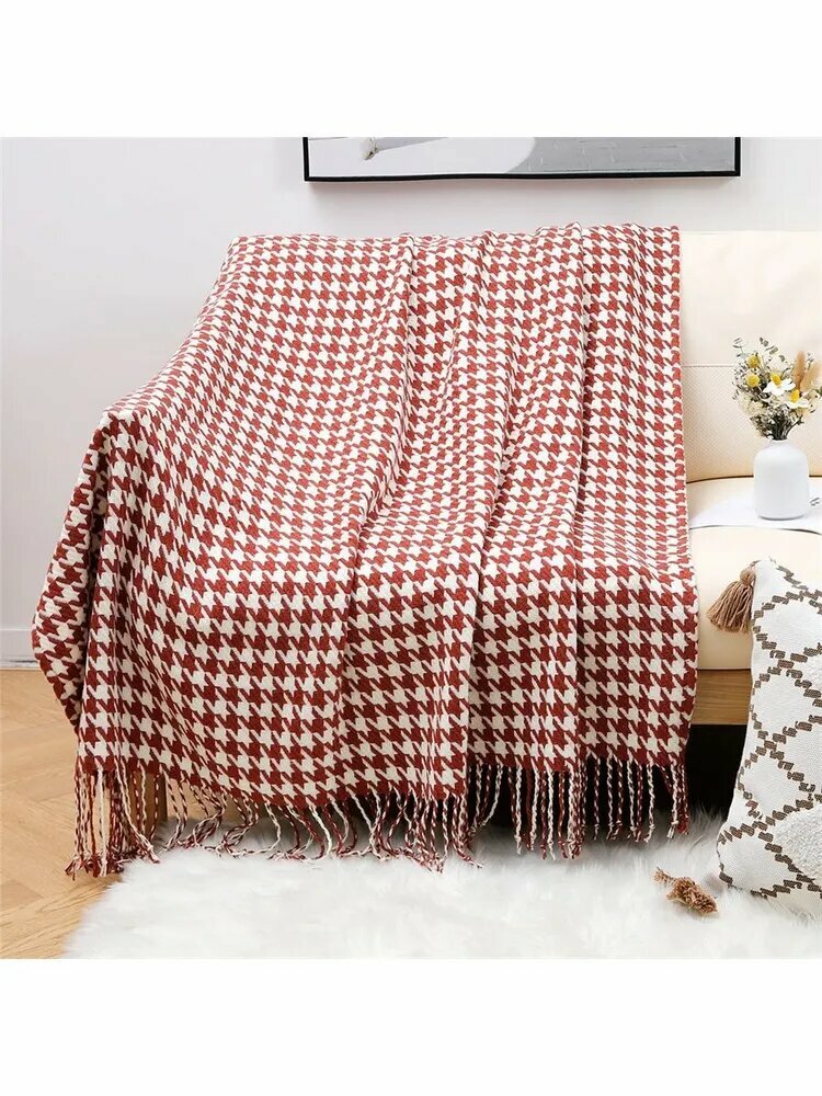 Плед вязаный Modern Simple Throw Blanket Black and White Houndstooth Decor Sofa Blanket Homestay Hotel Bed Towel Bed Flag Soft Scarf Tassel , Лавсан, Гребенной хлопок, 220 см х 130 см