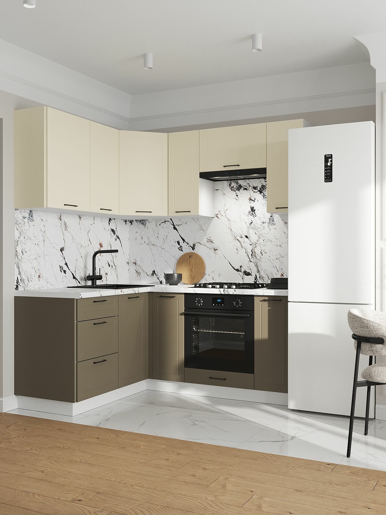 Кухонный гарнитур Сектор 1.8х1.5 м, мебель для дома и кухни, Белый / Магнолия / Базальт