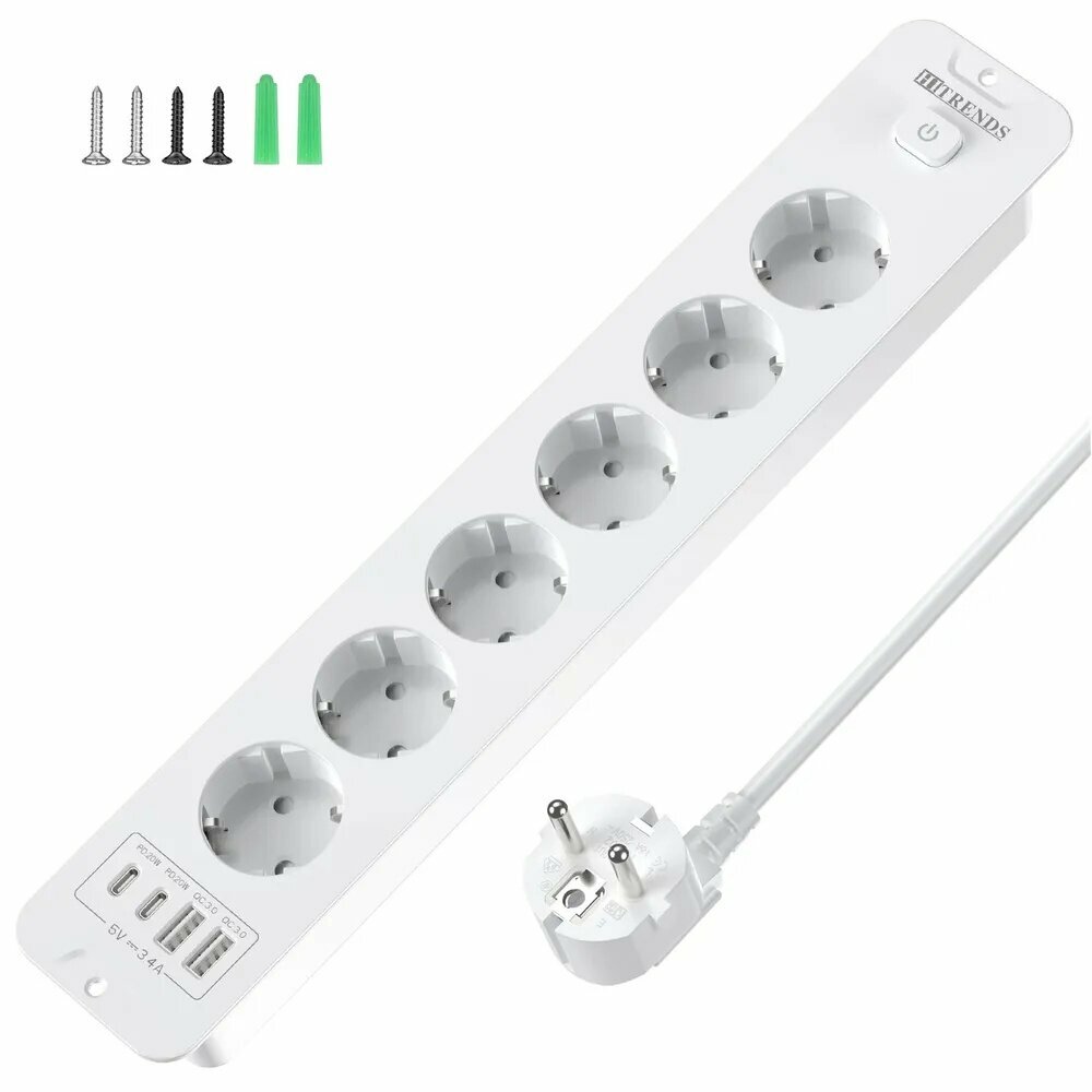 HITRENDS сетевой фильтр европейский стандарт с 6 отверстиями 2 USB + 2 Type-c кабель длиной 2 метра 1,5 квадратных дюйма белое