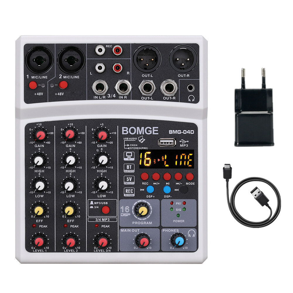 4 Channels BT Audio Sound Mixer Mixing DJ Console USB 16 DSP Effects Mixer, Color: black, white, Plug: EU-plug, US-plug, Material: ABS, Item size: 185*155*43mm, Package size: 230*200*70mm, Package weight: 650g, 1*Audio Sound Mixer, 1*USB Cable, 1*Plug