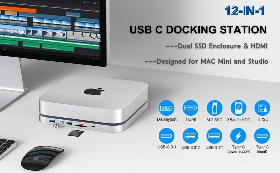 Qwiizlab Док-станция для Mac Studio Mac Mini M2/M1/Intel, корпус с двумя дисками, подходит для M.2 SSD/2,5' SATA SSD, Type-C 10 Гбит/с, кард-ридеры 104 МБ/с, DisplayPort 4K HDMI (серебристый)