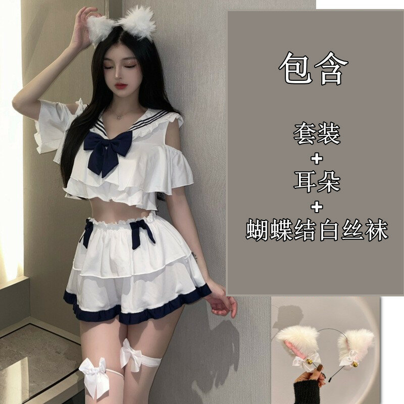 Сексуальный комплект нижнего белья для горничной, создающий эффект пышной груди, боди в стиле японской школьницы, соблазнительная пижама, невинный и сексуальный комплект школьной формы + чулки с бантиками + ушки-колокольчики.