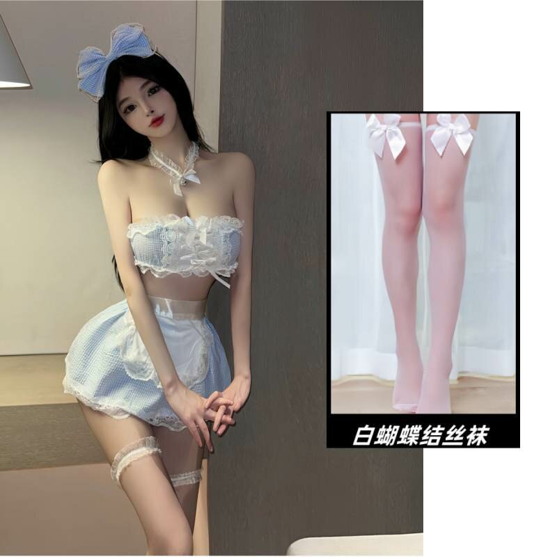 Синяя клетчатая форма горничной, соблазнительный страстный комплект из двух частей, сексуальная ролевая игра с горничной. Горничная + белые чулки с бантом.