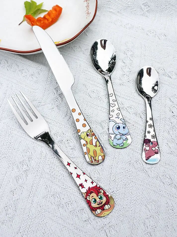 Детский набор столовых приборов 4 предмета: ложка, нож, десертная вилка, посуда для малышей