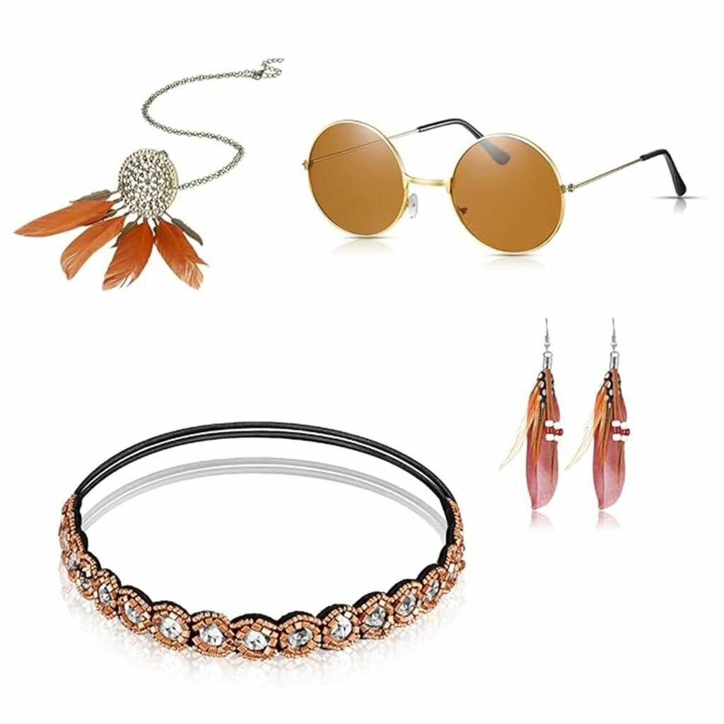 Бижутерия в стиле хиппи 1970-х годов, аксессуары, очки, Повязка на голову, Ожерелье, серьги