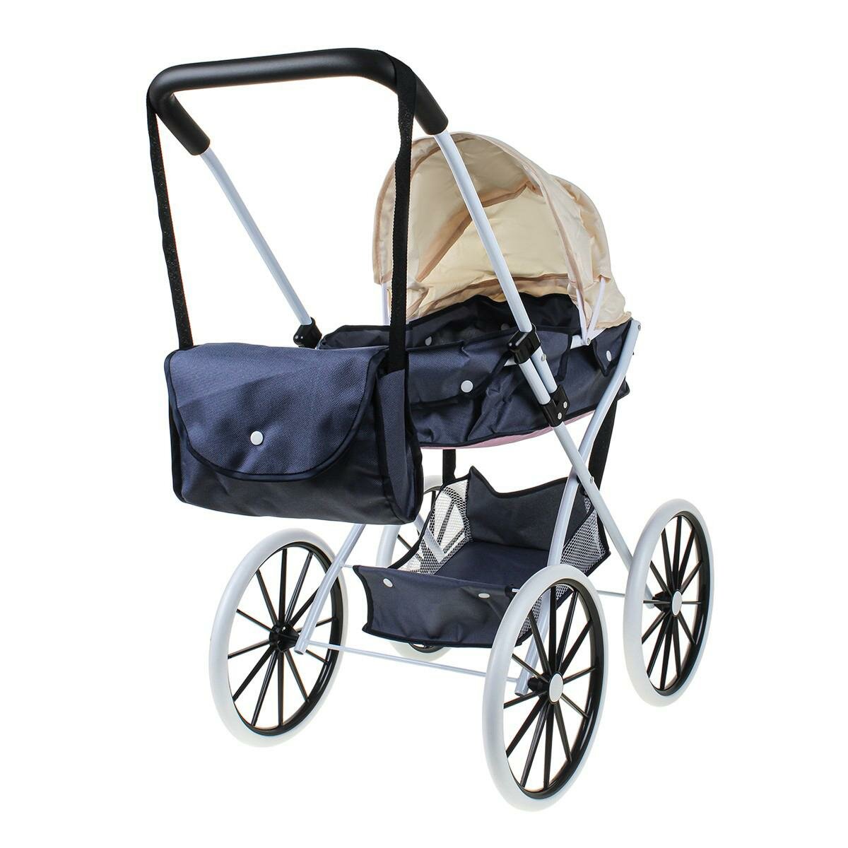 Коляска лежачая для кукол 74*66*36 см, складная, с сумкой и корзиной, синий/белый