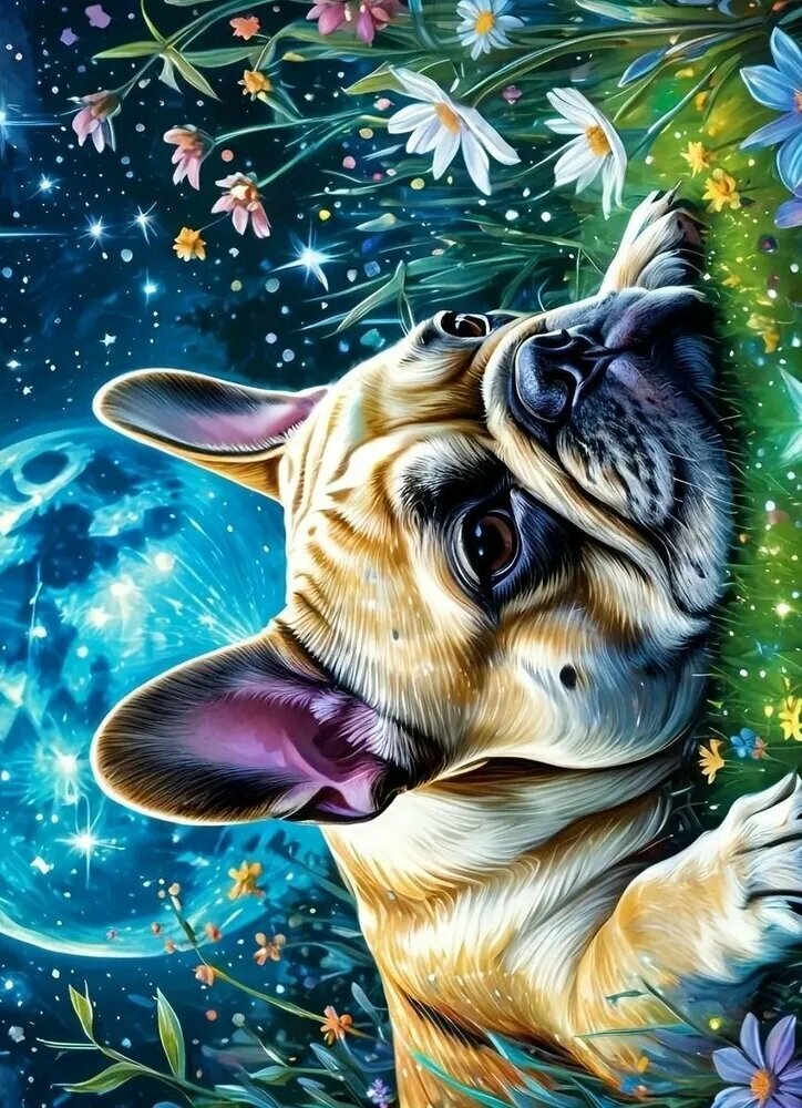 Алмазная Картина "Французский Бульдог Под Луной" 5D Круглый Бриллиант 40X50См.