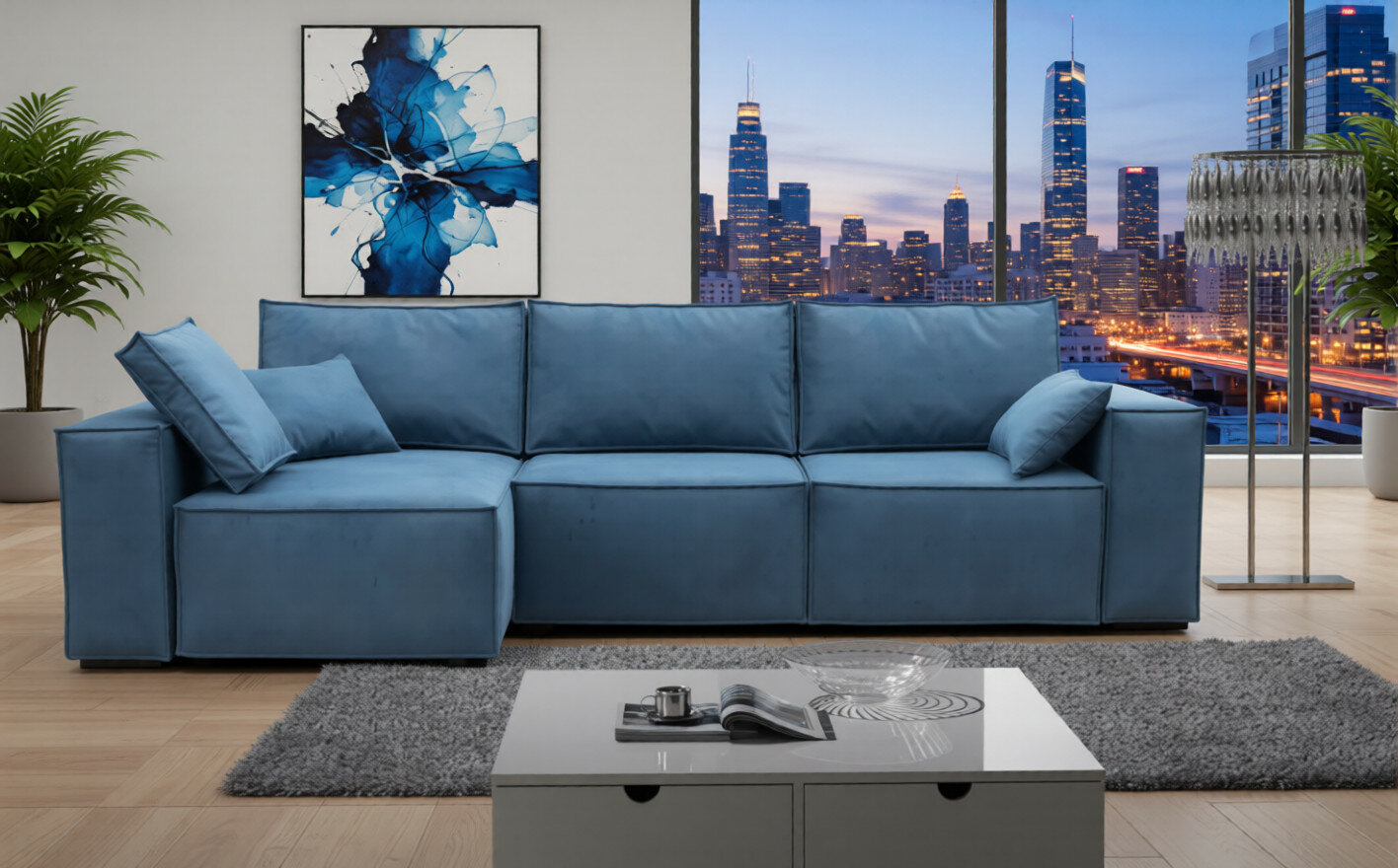 POOH Диван-кровать угловой Лофт velour Denim, еврокнижка с ящиком