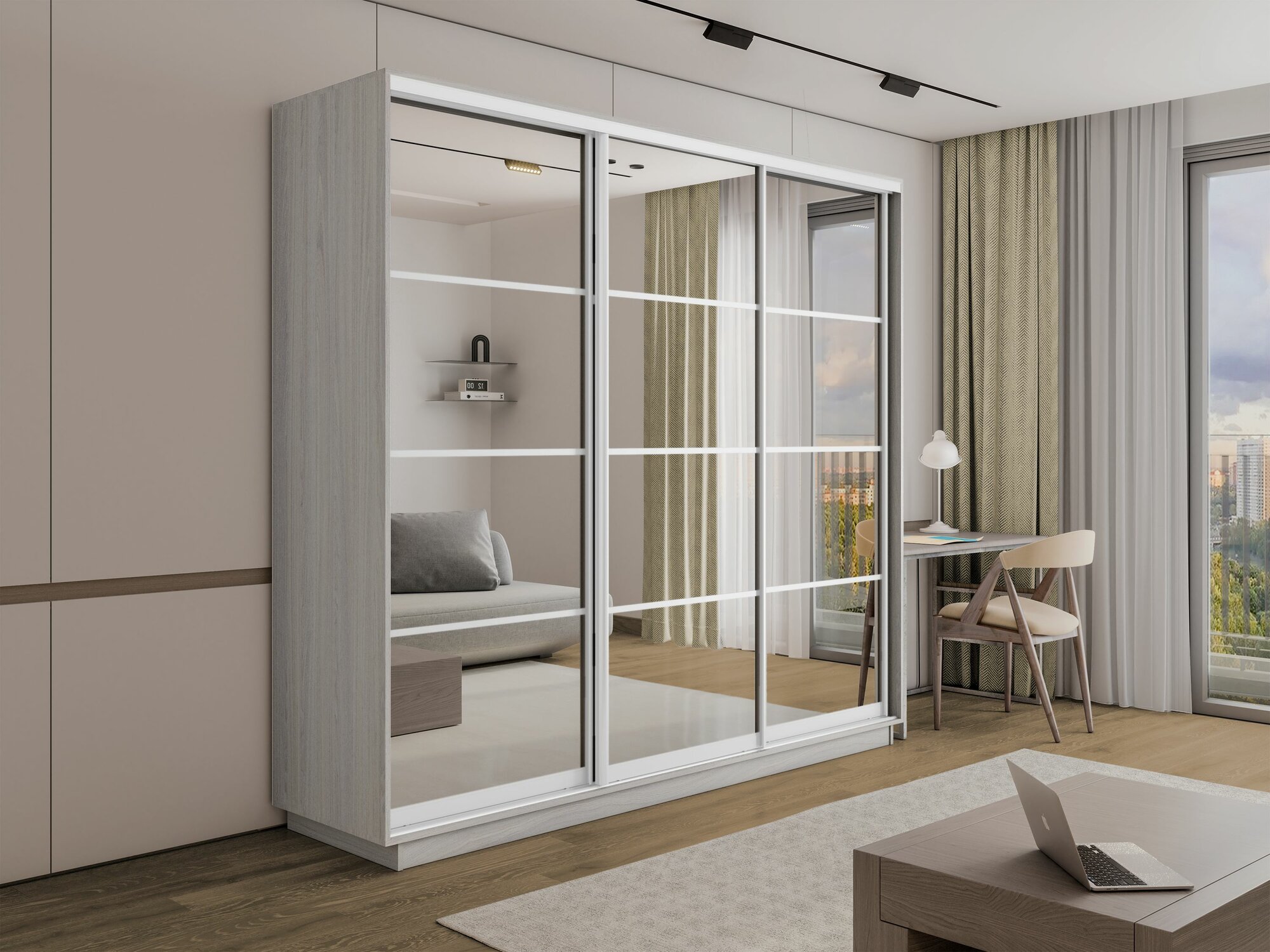 Шкаф-купе Вилли С4 3-х дверный, зеркальные двери, (белый профиль) 180х45х220 см. Ясень Анкор светлый