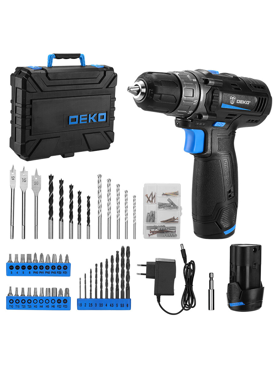 Шуруповерт аккумуляторный DEKO в кейсе + 92 шт набор инструментов, 32Нм, 2 АКБ 2.0 Ач, з/у / дрель-шуруповёрт