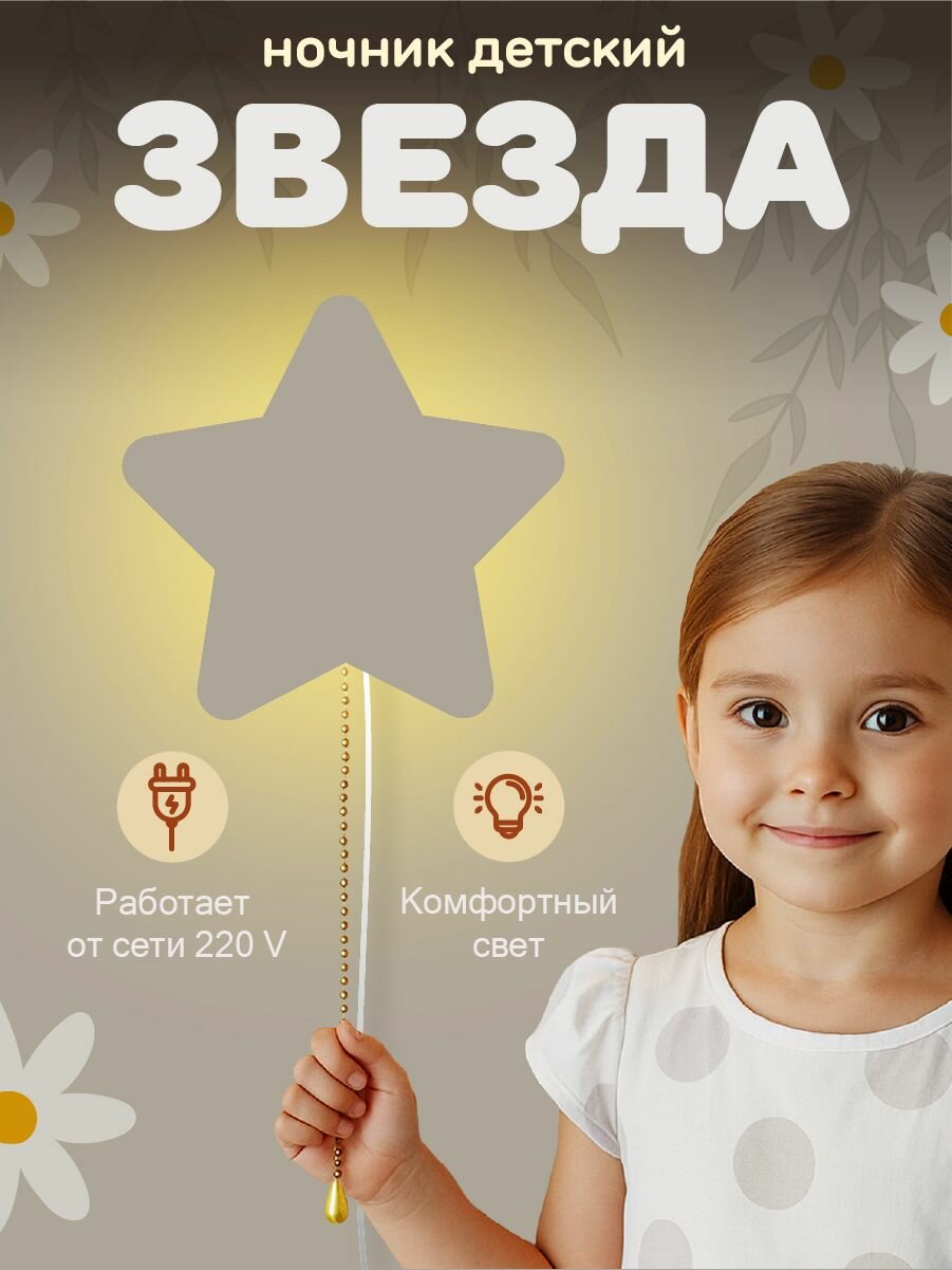 Ночник светильник в розетку детский настенный светодиодный для новорожденных деревянный звезда 30х30 см, от сети, сонетка 1 шт