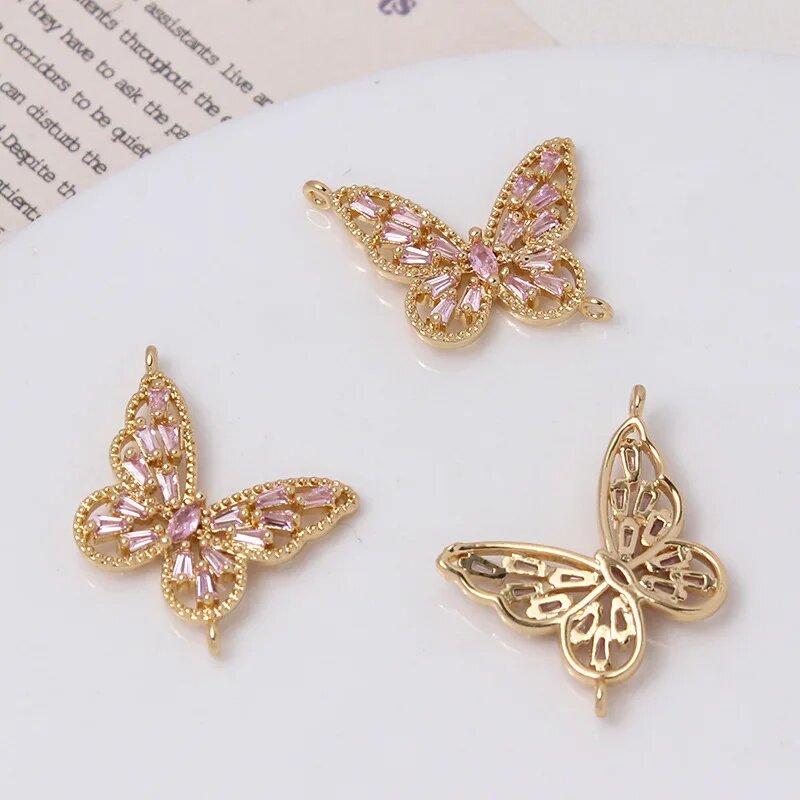 Розовые бабочки-подвески BenS, кубический цирконий, gold pink