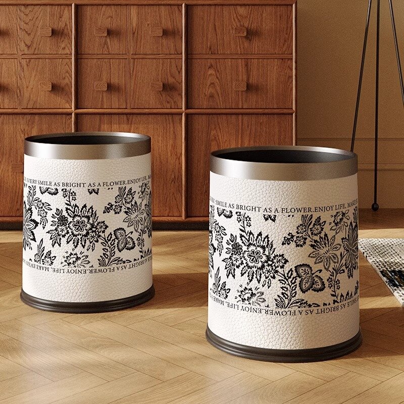 Французский стиль кожаного мусорного ведра для домашнего использования, гостиной, винтажной спальни, ретро-легкой роскоши, высокой эстетики для кухни и ванной с двойным слоем