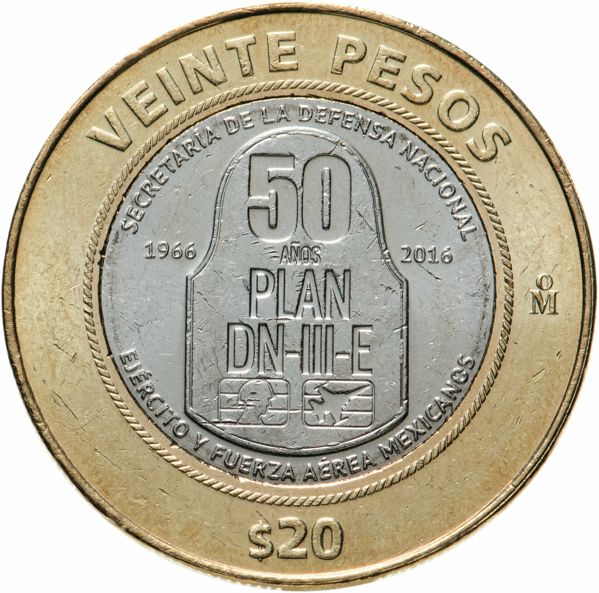 Мексика 20 песо pesos 2016 "50 лет Плану DN-III-E", Биметалл, в сохранности UNC