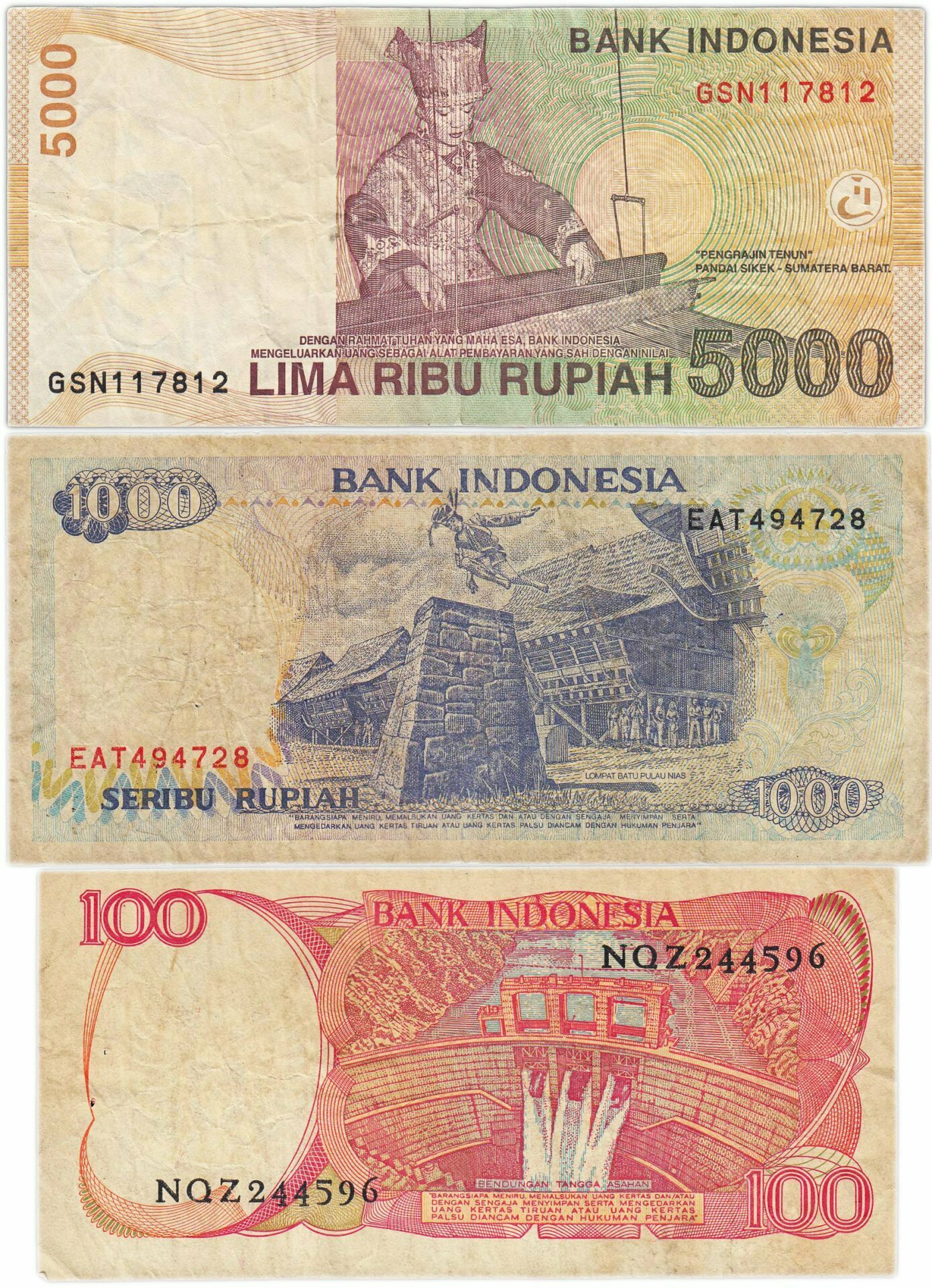 Индонезия набор из 2 банкнот 100, 1000, 5000 100 рупий 1984-2001