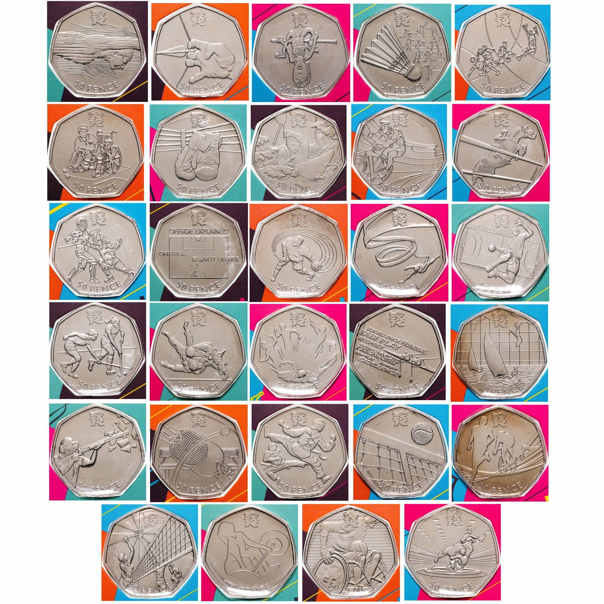 Великобритания набор из 29 монет 50 пенсов 2011 в буклетах "XXX летние Олимпийские Игры, Лондон 2012" в альбоме, Мельхиор медь-никель, в сохранности UNC