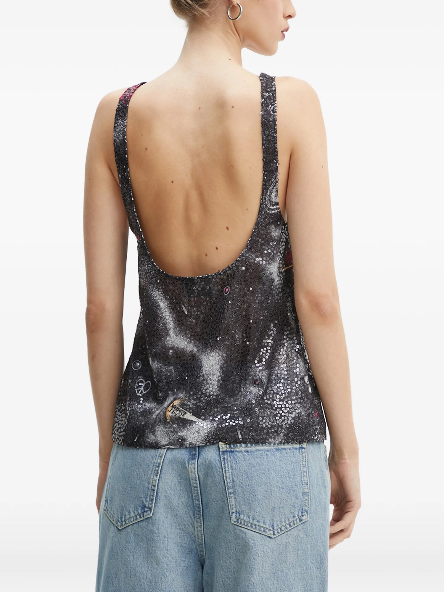Топ MOSCHINO JEANS Sequin graphic print top, размер 44, black/black — фото 1