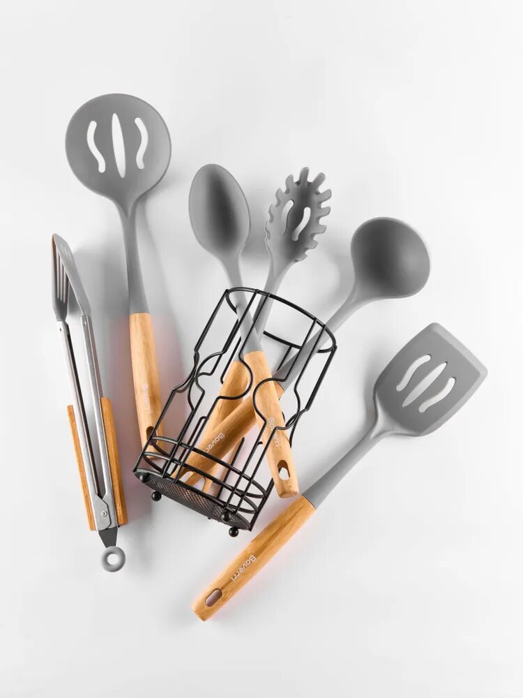 Набор кухонных принадлежностей , 7 предметов / Кухонная навеска, с удлиненной ручкой серая