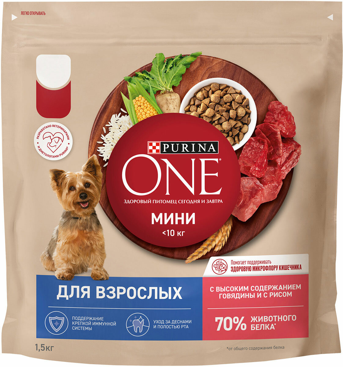 Корм сухой Purina One ADULT для взрослых собак мелких и карликовых пород, говядина и рис, 1,5 кг