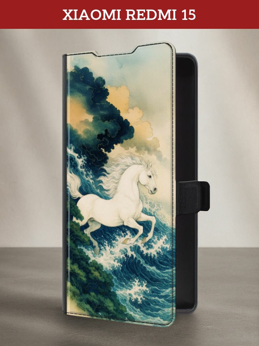 Чехол-книжка на Xiaomi Redmi 15 / Сяоми Редми 15 с принтом Конь на волне, черный