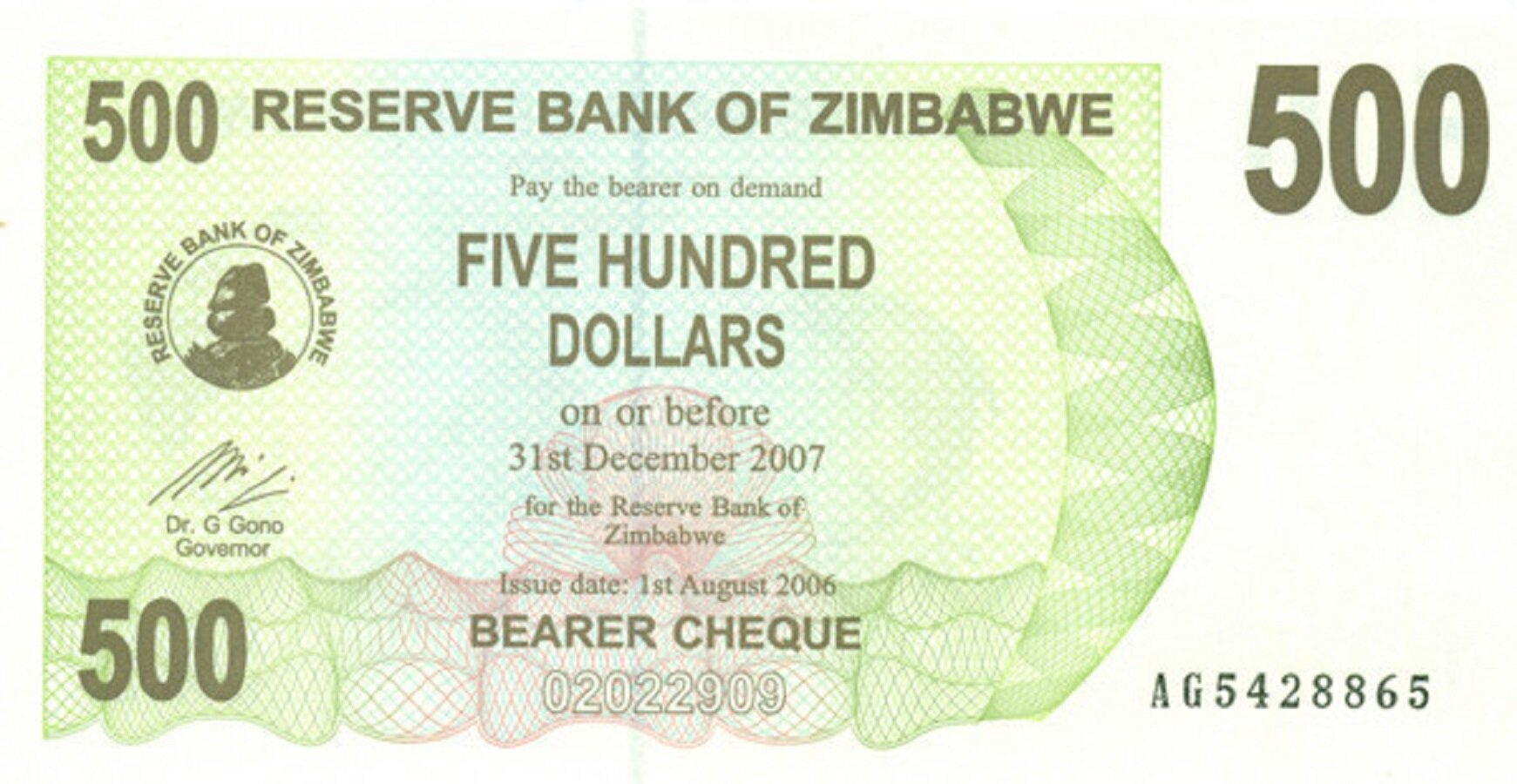 Банкнота номиналом 500 долларов Зимбабве 2006 года. Состояние UNC Р-43 (34184)
