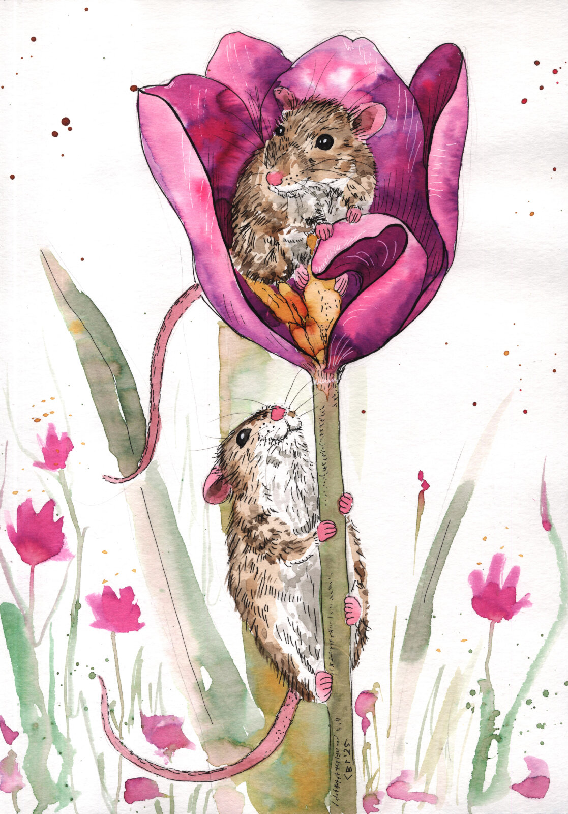 Картина авторская "Парочка мышей-малюток у тюльпана", ручная работа, чернила, бумага, 21х30 см