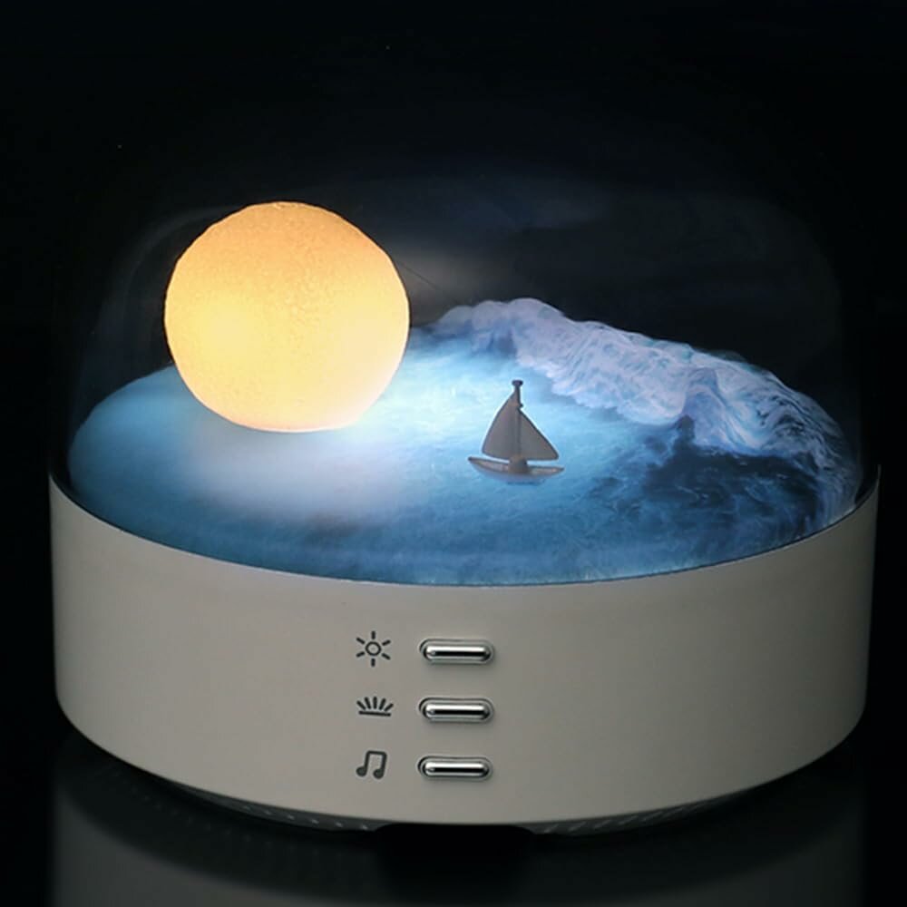 Элегантный ночник с LED подсветкой "Луна, море и снежная гора", музыкальная колонка, USB Type-C, перезаряжаемый, регулируемая яркость, два режима переключения, идеальный свет для спальни и подарок