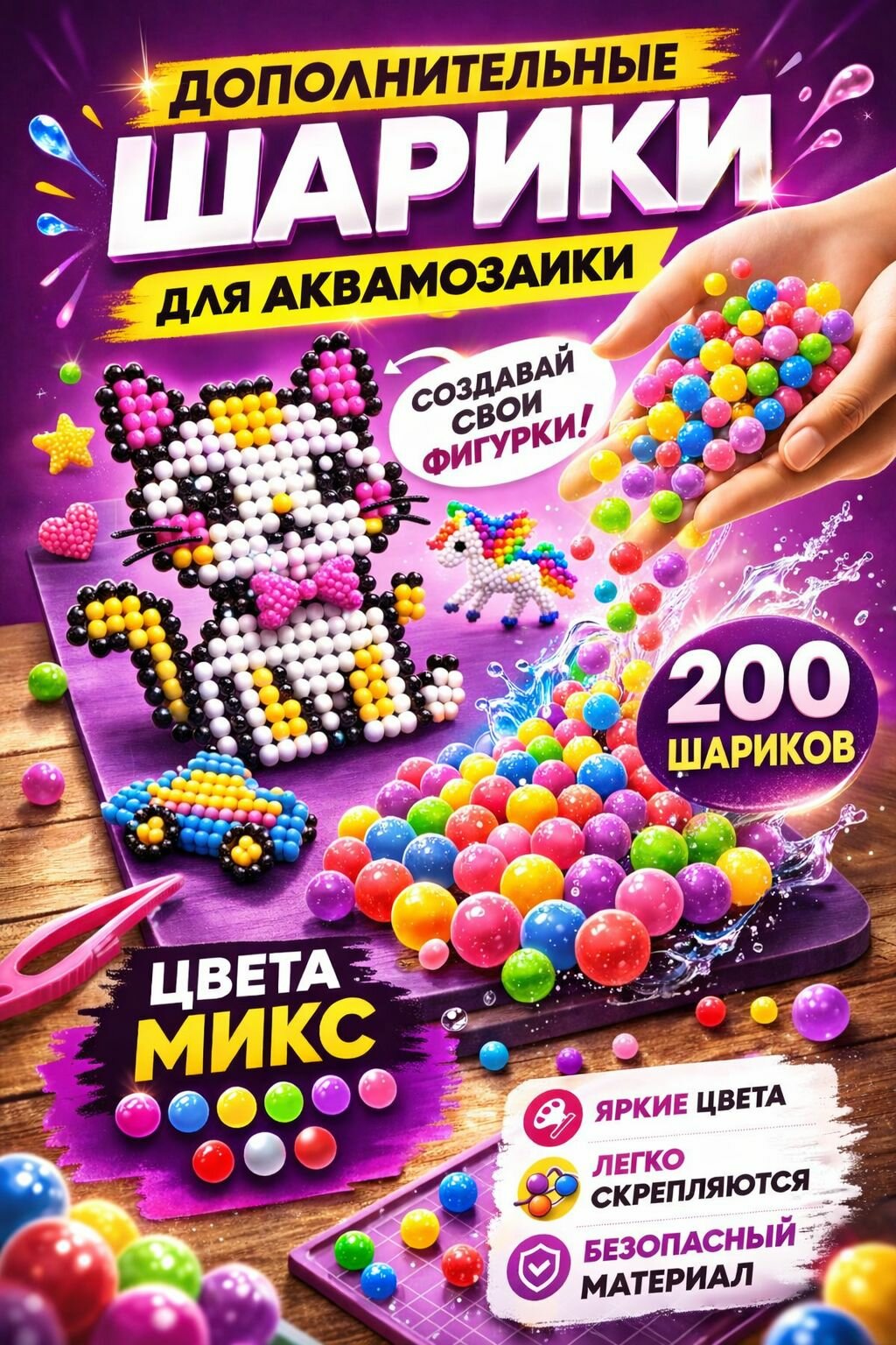 Шарики для аквамозаики 200 шт, цветной микс, дополнительные бусины для водной мозаики, набор для творчества