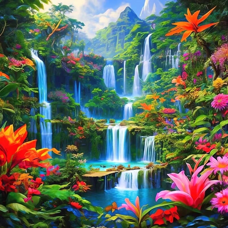 Алмазная вышивка пейзаж водопад, 40x40см, Full Square, Цвет 7190