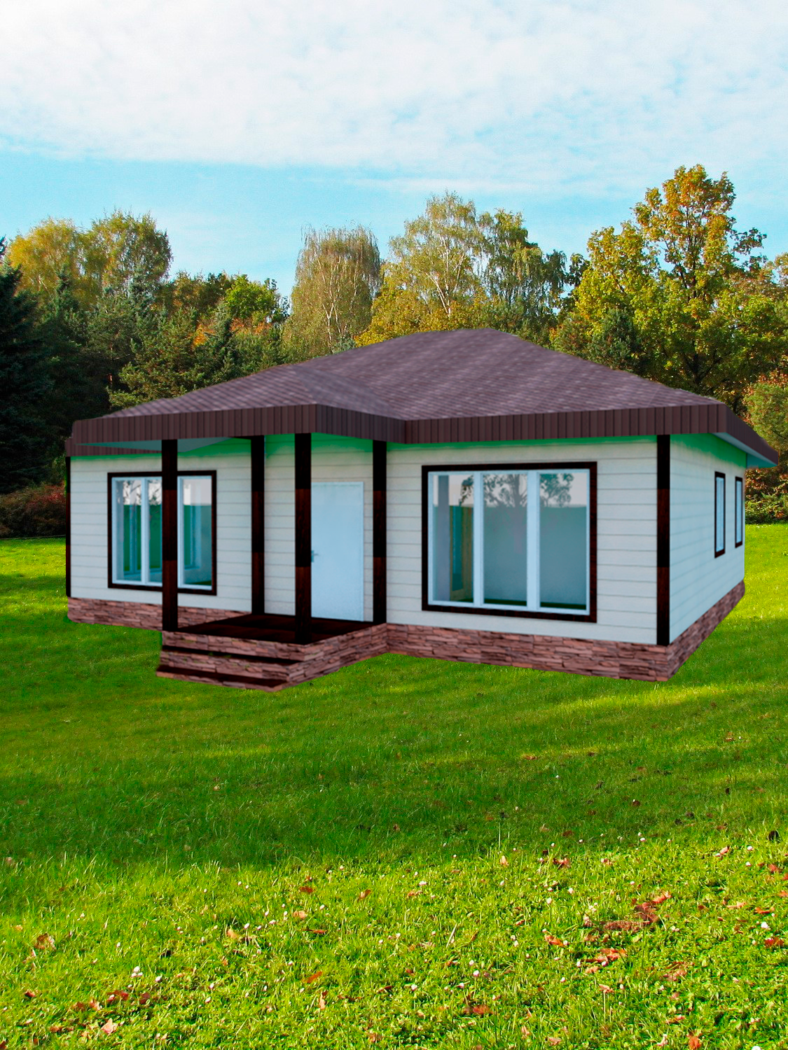 Проект одноэтажного каркасного дома с тремя комнатами 9,88х11,38 м