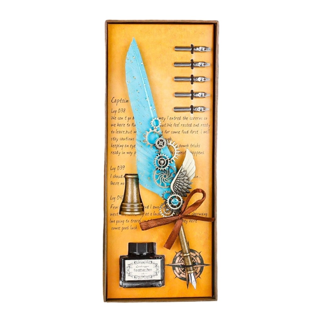 Старинное гусиное перо с Чернилами и 5 наконечниками в стиле Ретро с металлической гравировкой для начинающих Любителей каллиграфии