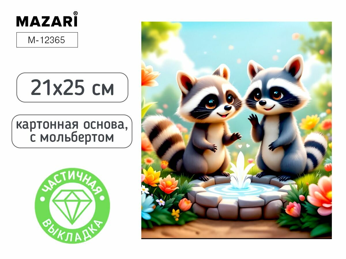 Мозаика алмазная Mazari по номерам на картоне с мольбертом 21х25 см, "Еноты", частичная выкладка (M-12365)