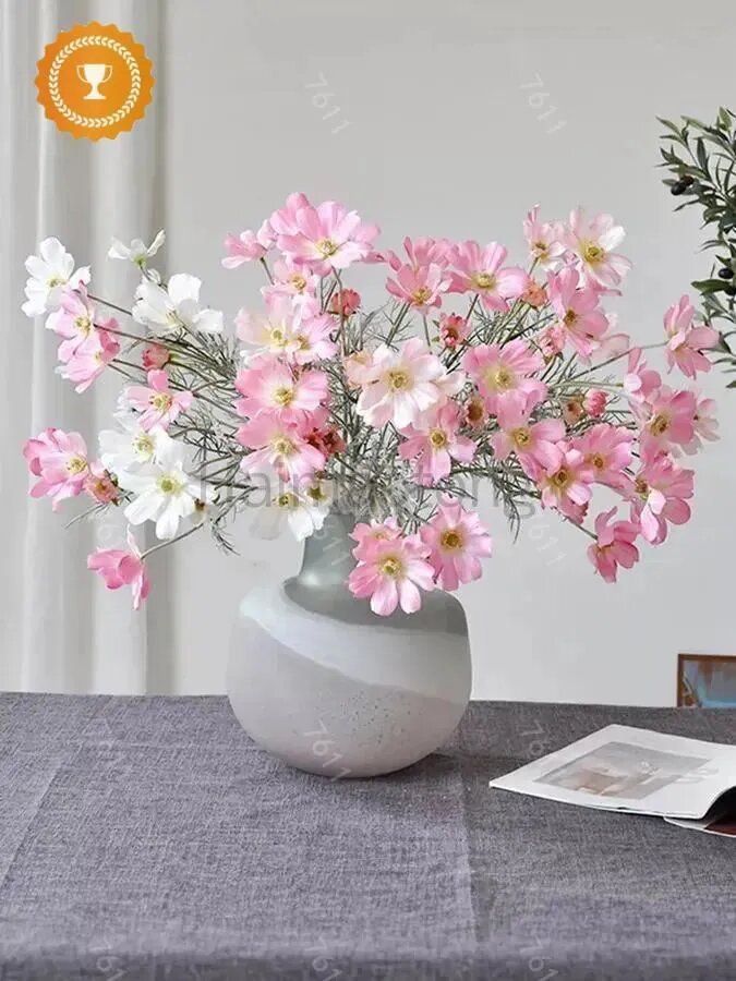 Искусственные цветы - Букет космеи с вазой, пластик, для декора дома и праздников