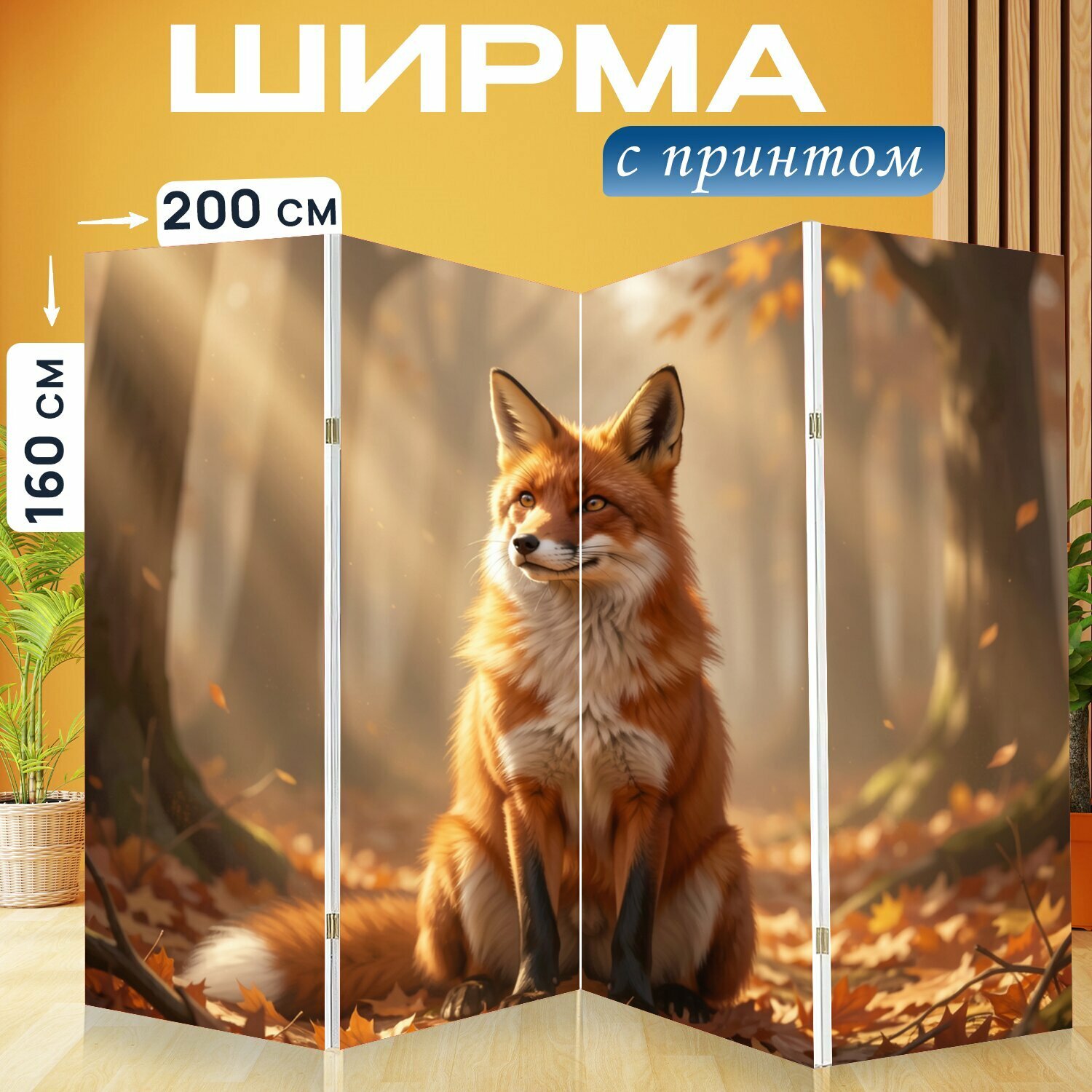 Ширма "Рыжая лиса в осеннем лесу. Пушистая лесная хищница среди опавшей листвы и солнечных лучей. Цифровая." перегородка для зонирования комнаты с принтом 200x160 см. на холсте