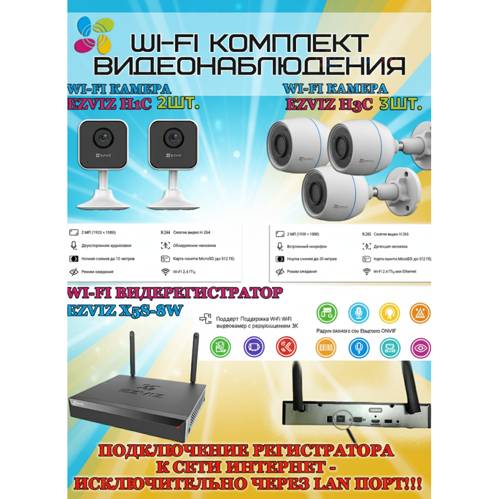 Wi-Fi Комплект видеонаблюдения EZVIZ на 5 камер видеонаблюдения - 2Мп Full HD 1920x1080P (CS-X5S-8W + 3хCS-H3c + 2хCS-H1c) 2.4 ГГц IP67, Двусторонняя аудиосвязь, ИК до 30м, угол 125гр