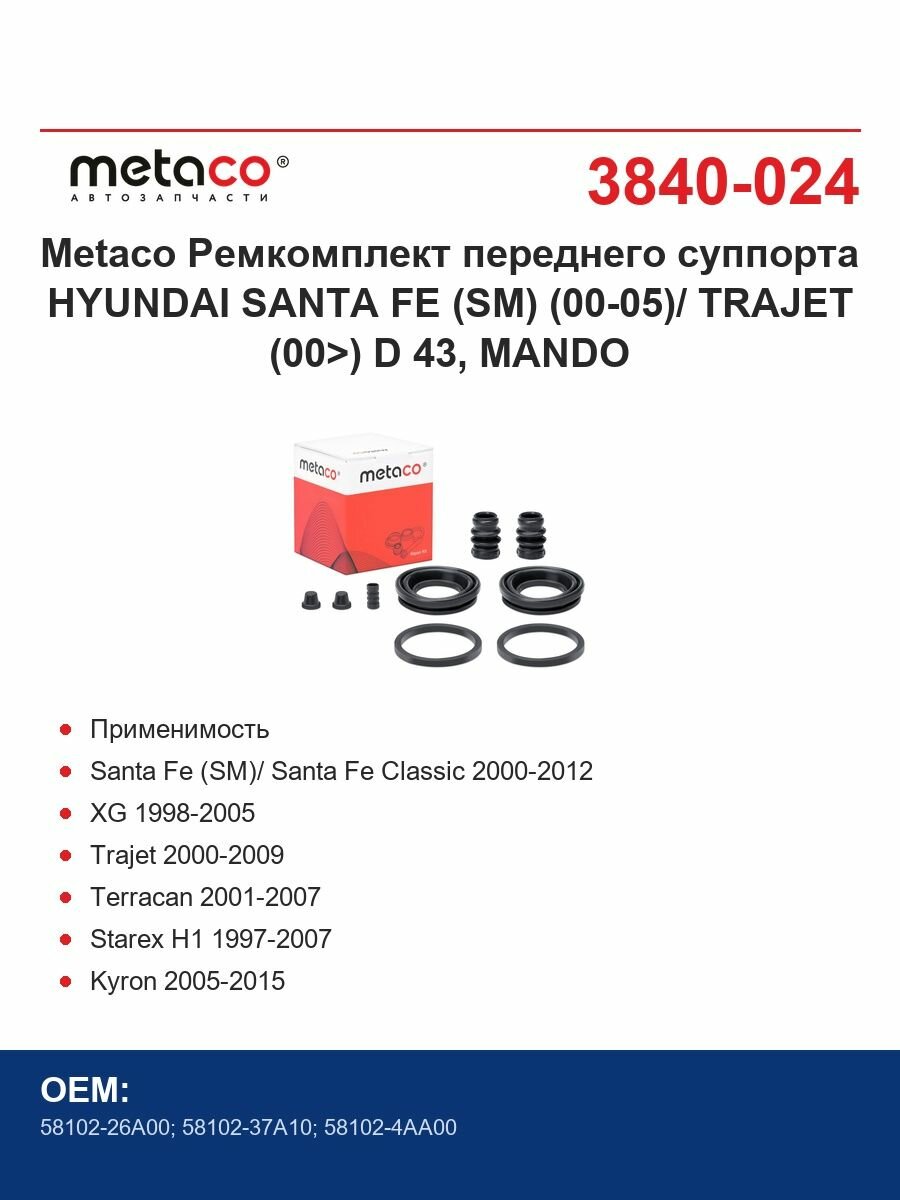 Metaco Ремкомплект переднего суппорта HYUNDAI SANTA FE (SM) (00-05)/ TRAJET (00>) D 43, MANDO