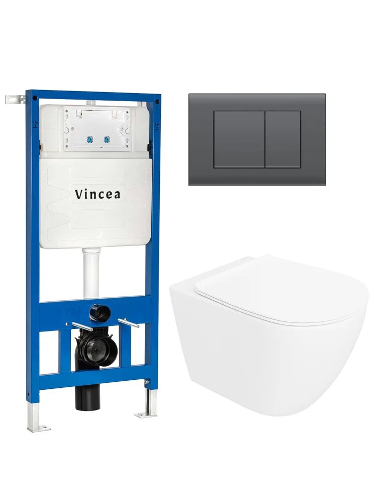 Комплект 4 в 1: Инсталляция Vincea VIS-601 / Унитаз подвесной STWORKI Готланд S13401WH безободковый, с микролифтом / Кнопка VFP-001GM, вороненая сталь, Комплект креплений