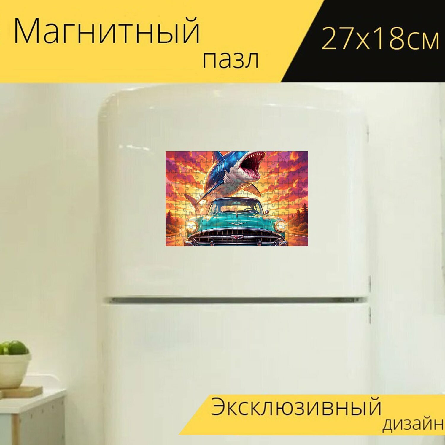 Магнитный пазл "Акула над винтажным авто. Яркая фантазийная сцена: морской хищник вырывается над ретро-машиной на дороге, закатное небо в." на холодильник 27 x 18 см.
