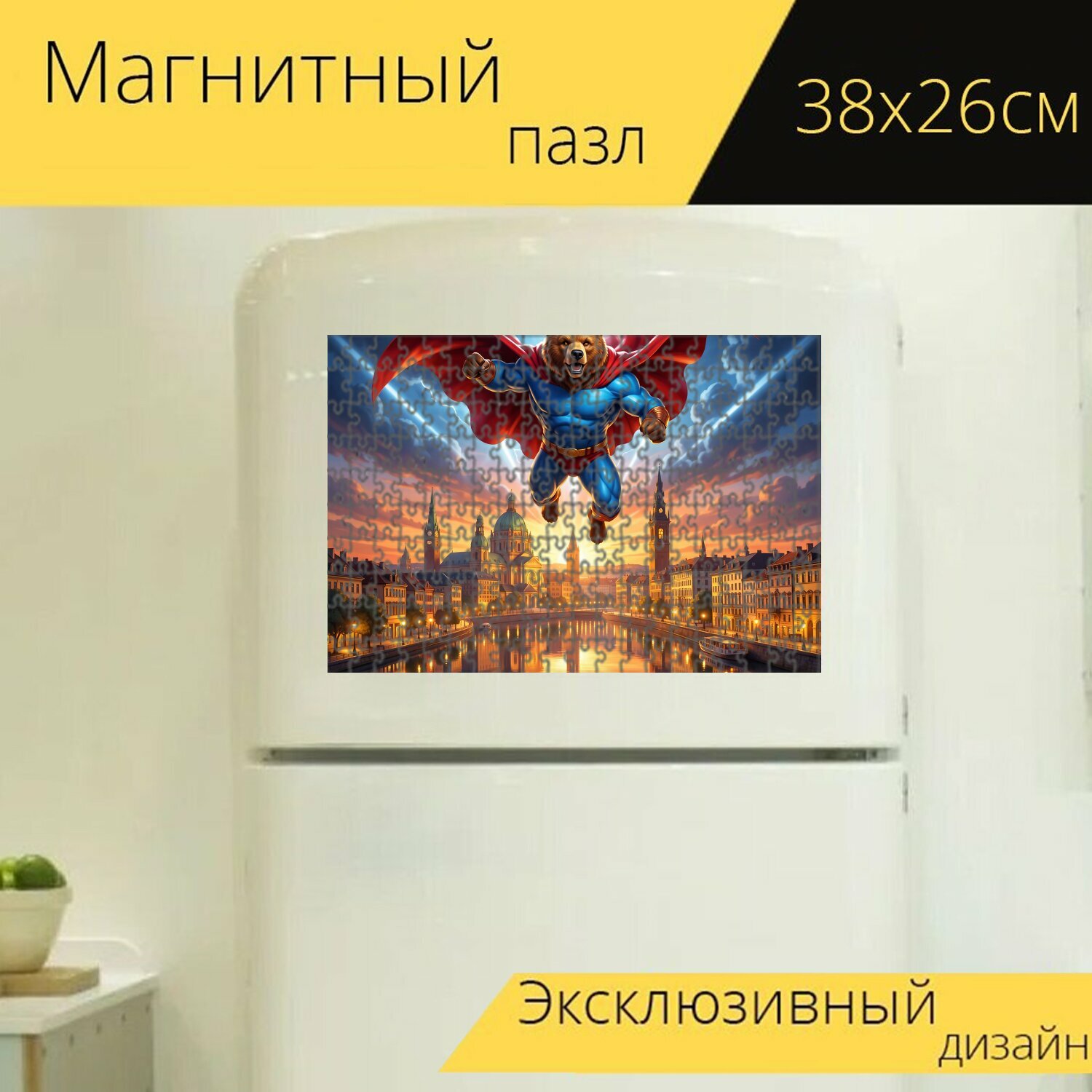 Магнитный пазл "Медведь-супергерой над каналом. Эпичный косолапый в синем костюме и красной мантии летит над европейским каналом на закате, молнии в небе." для интерьера, 38х26 см.