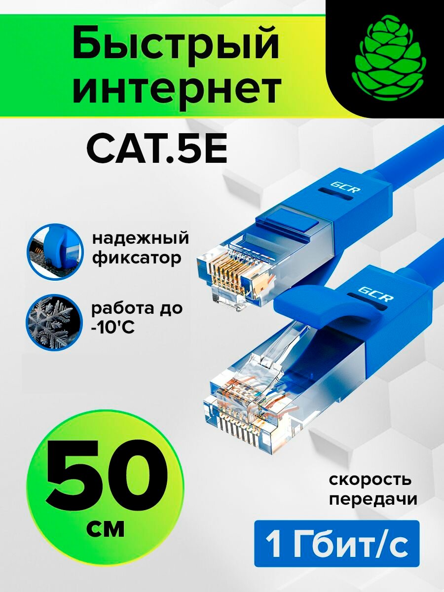 Патч-корд 50см GCR cat.5e 1 Гбит/с RJ45 LAN компьютерный кабель для интернета контакты 24K GOLD синий