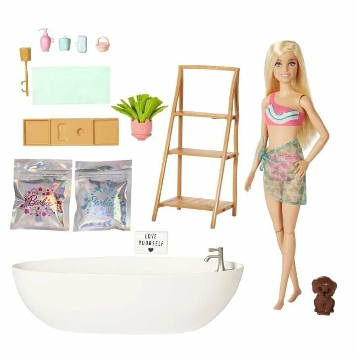 Кукла Barbie и игровой набор для ванны, Блондинка, Мыло Конфетти и аксессуары HKT92